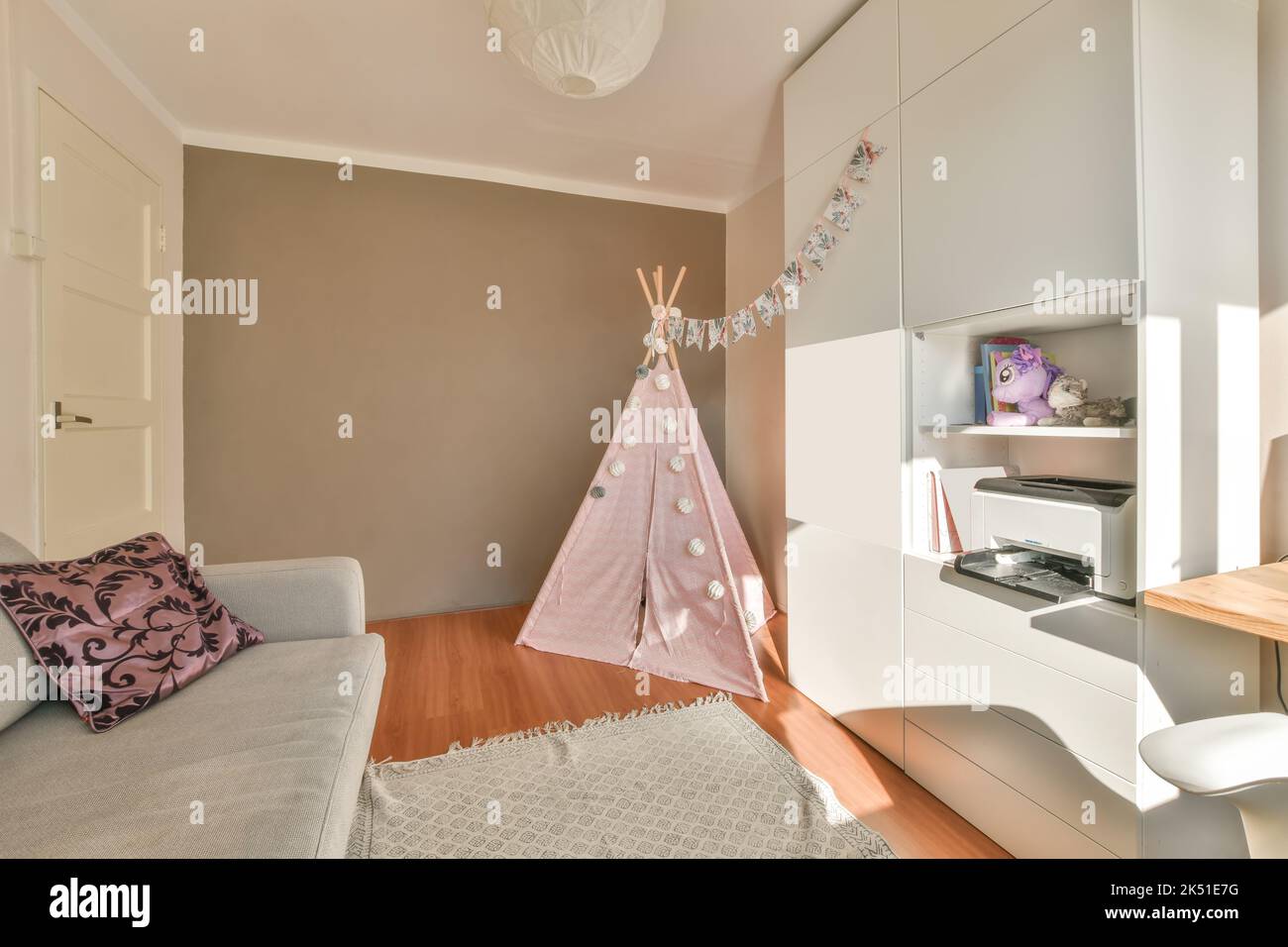 Interior of modern workspace in flat with desk and personal computer ...