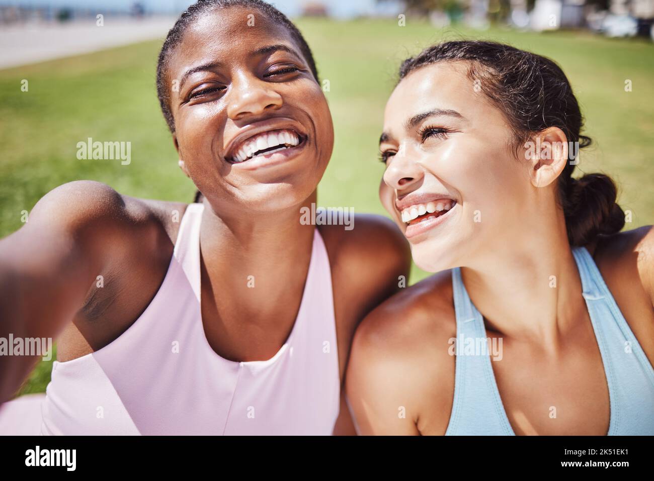 Woman, fitness friends and smile for selfie in sports exercise, workout ...