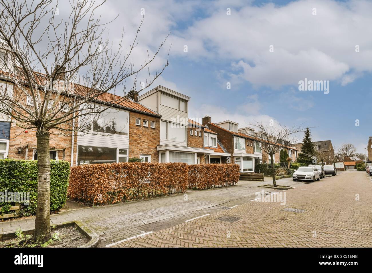 View of a street with houses lined up under a blue sky with clouds ...