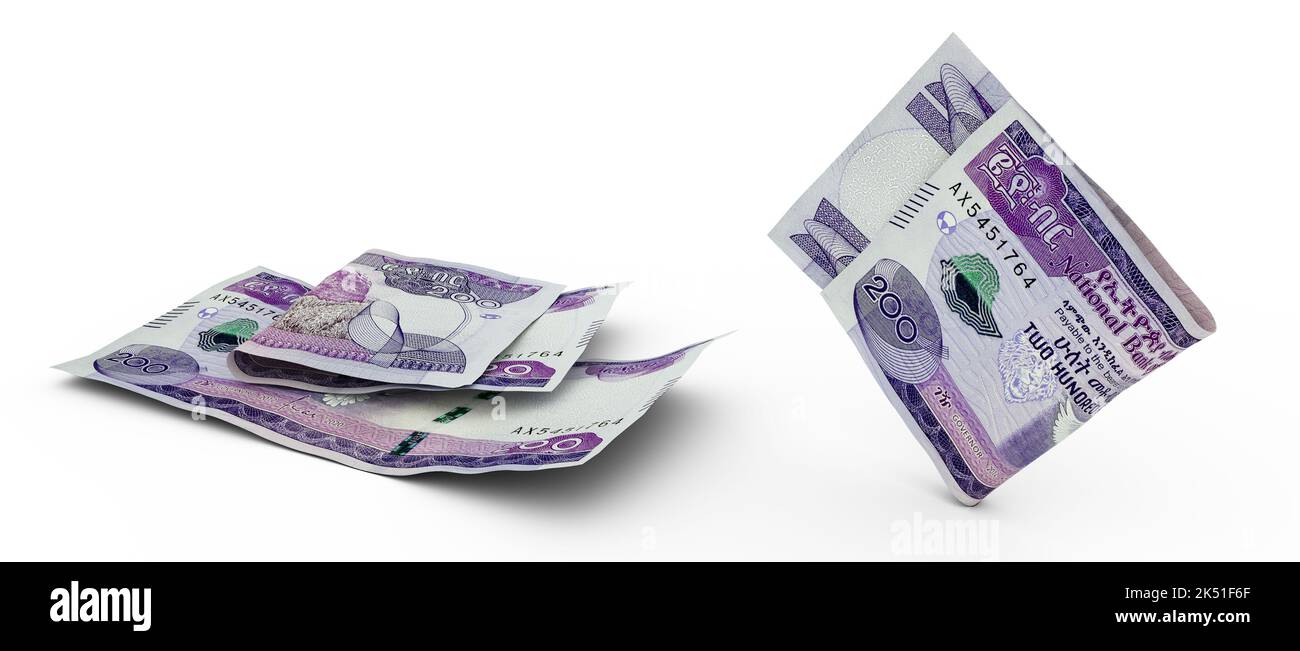 3D rendering of ethiopian birr notes with shadows isolated on white ...