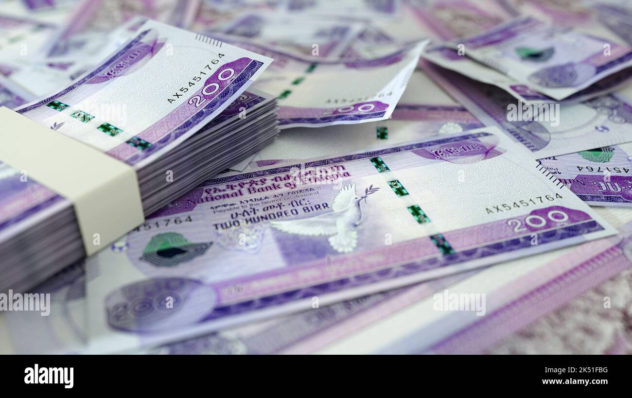 close up of Ethiopian birr notes spread on table. 3d rendering of money ...