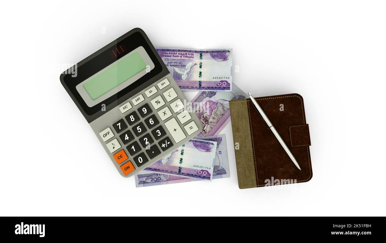 3D rendering of an isolated composition of Ethiopian birr notes, a ...