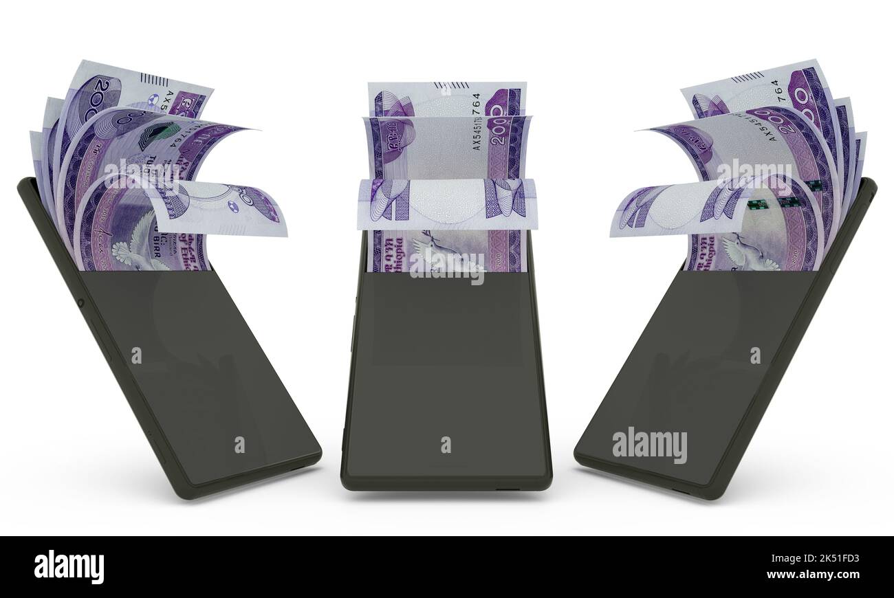 Ethiopian birr notes inside a mobile phone. money coming out of mobile ...