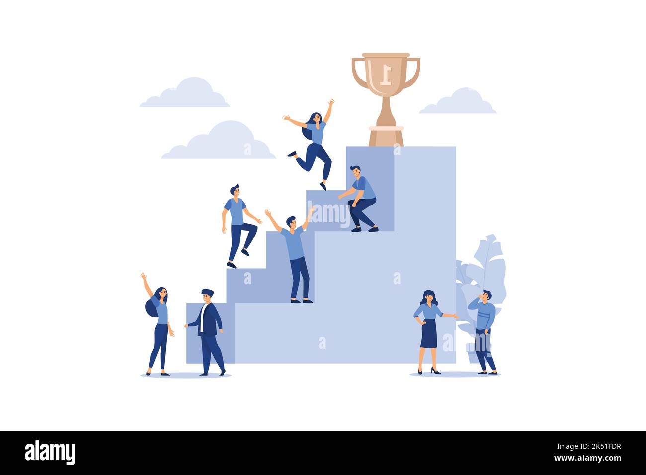 businessmen climb the ladder to the goal in the form of a golden cup ...