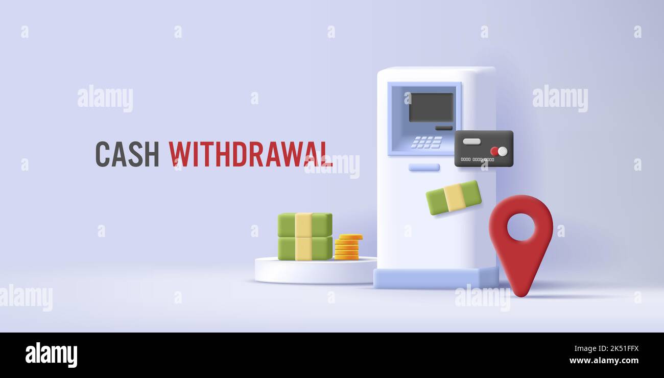 3d illustration of atm machine with cash dollar banknotes and coins ...