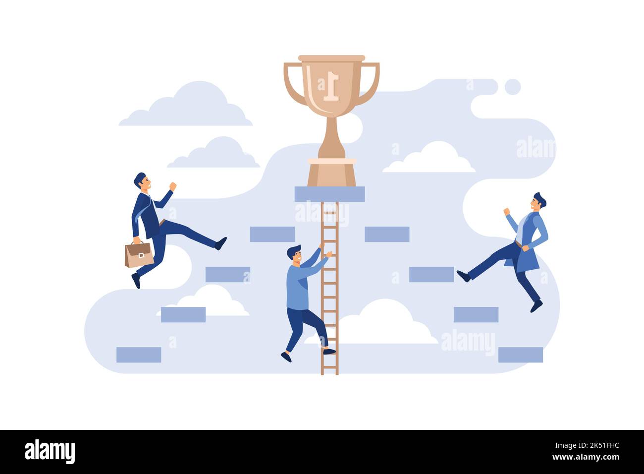 Three businessmen climb the ladder to the goal on the trophy on sky. To ...