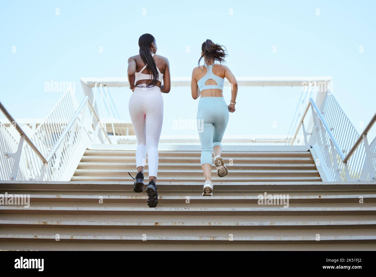 Fitness friends, running steps and women exercise together for healthy ...