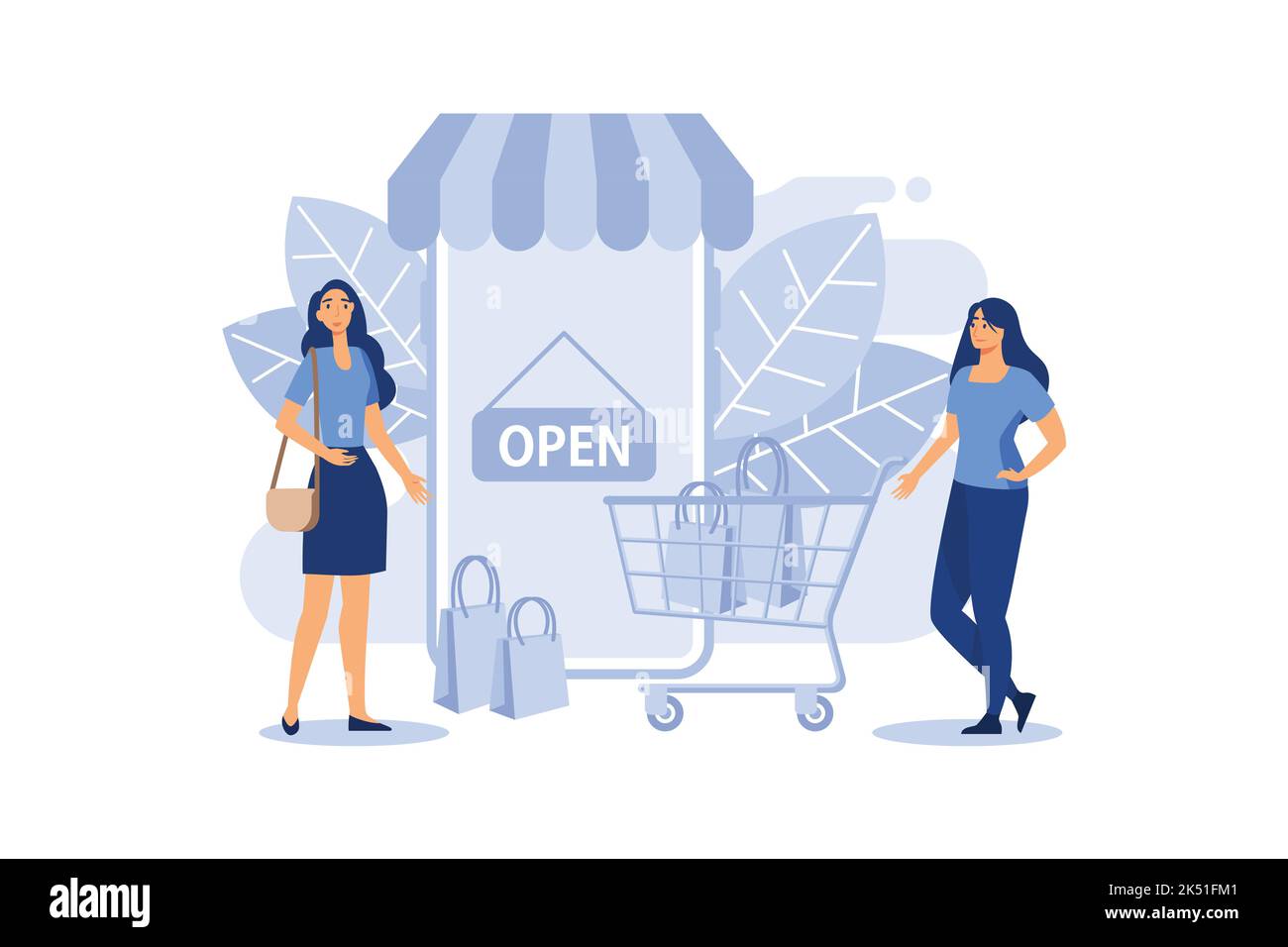 women with shopping cart and commercial vector flat illustration Stock ...
