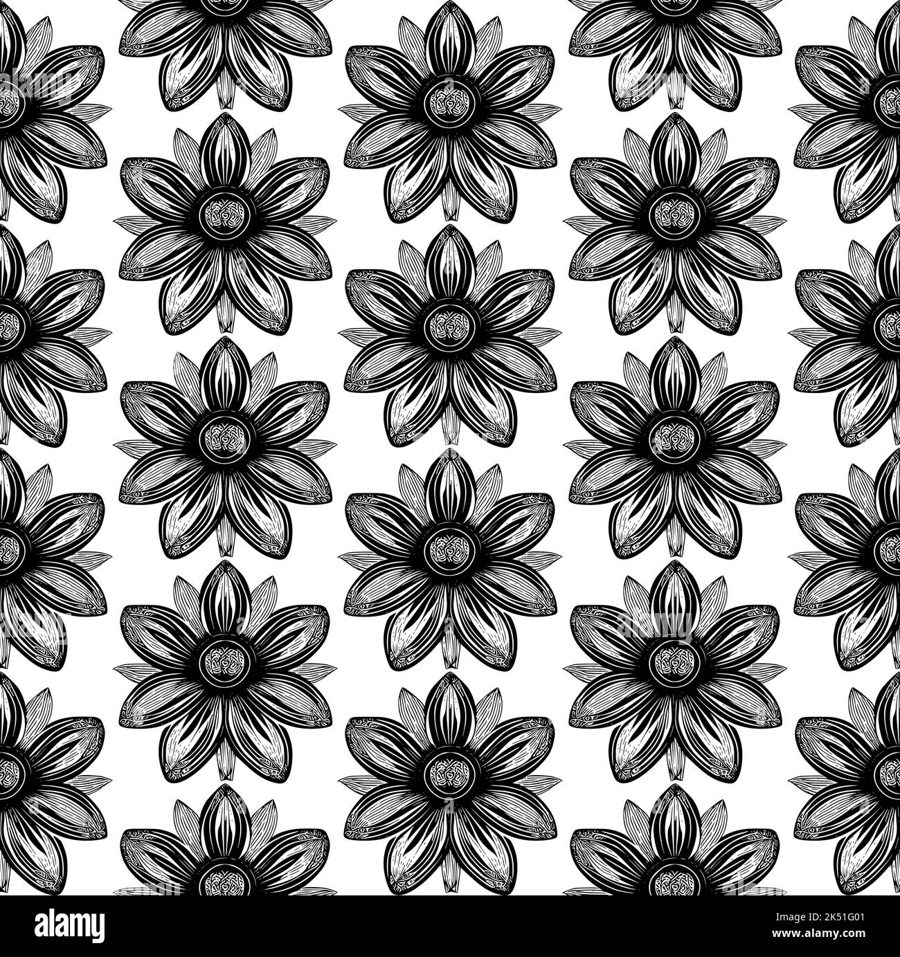 Seamless vector line art pattern made of black hand drawn flowers on ...