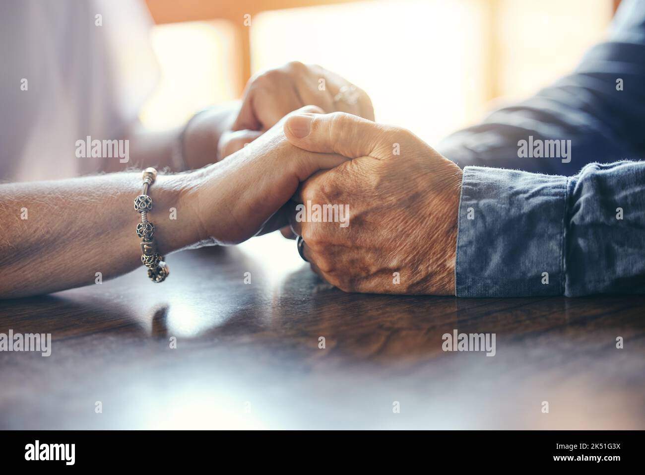 Support, hope and old couple love holding hands together to show ...