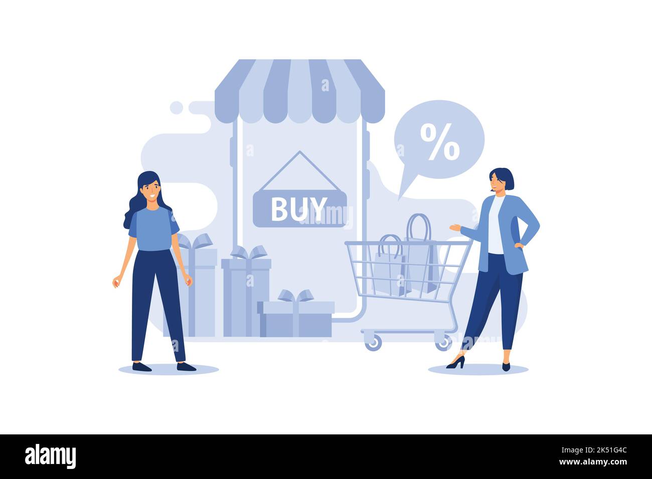 women with shopping cart and commercial vector flat illustration Stock ...