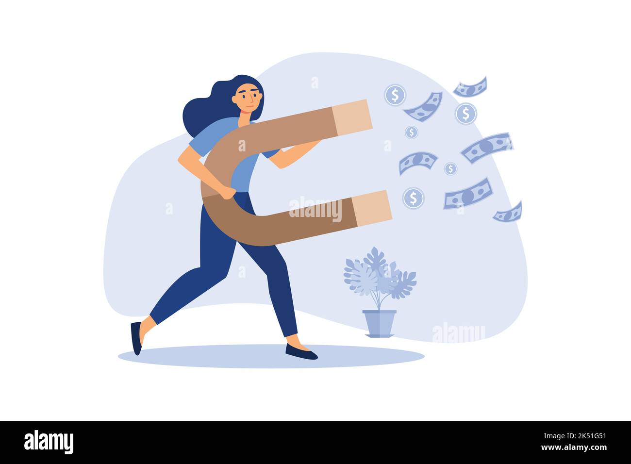 Happy businesswoman, Office worker collecting money with Magnet Stock ...