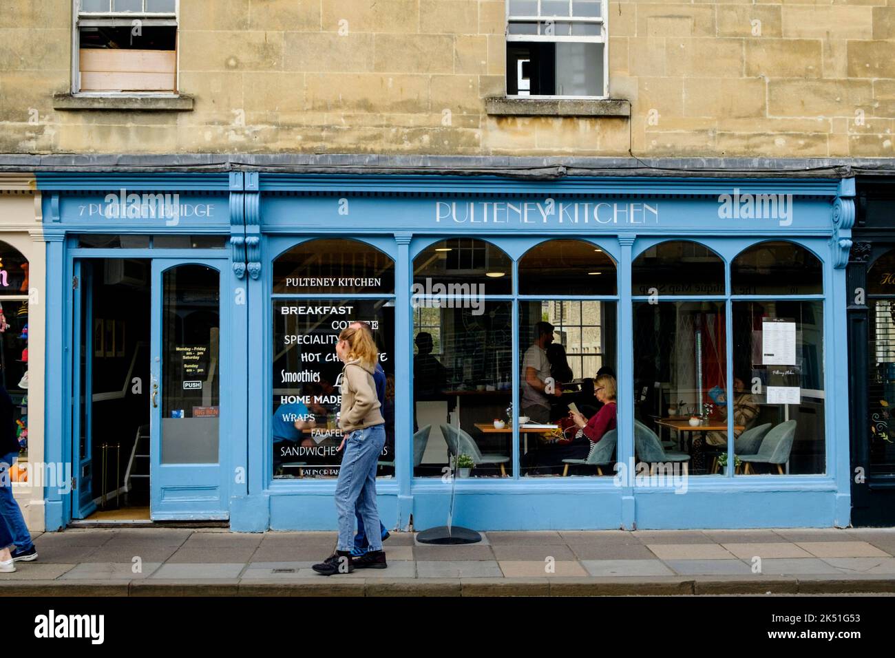 High street shop fronts in Bath. Puteney Kitchen on Pulteney Bridge ...