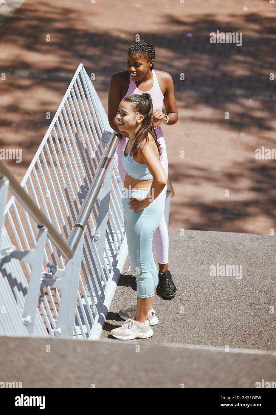 Exercise, running and friends relax and take a break from morning ...