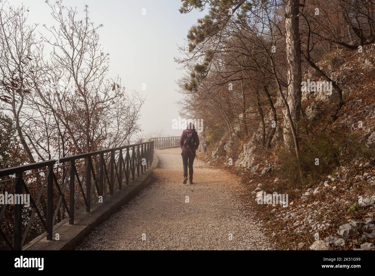 Back view of a Woman walking alone on rural misty path called ...