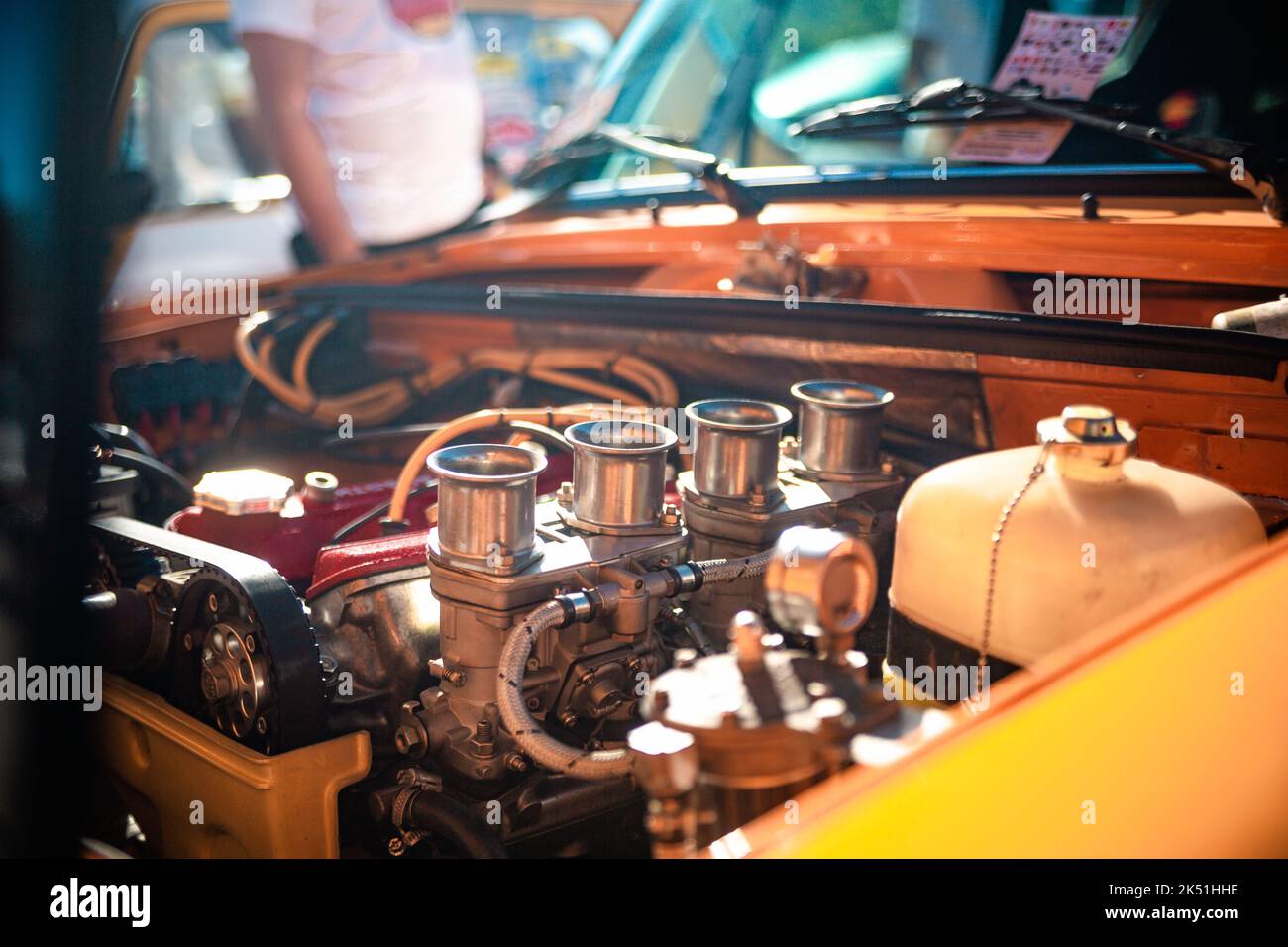Engine bay on an Fiat-Abarth Seat 124 with a dual carburator setup on ...