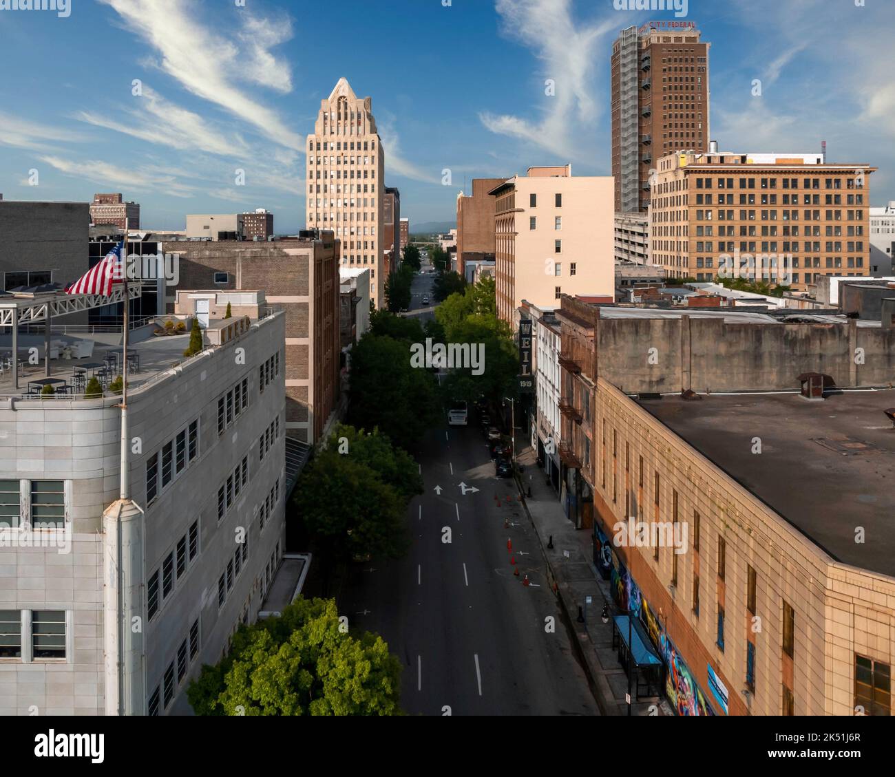 An aerial of the buildings in Birmingham, Alabama under a blue sky ...