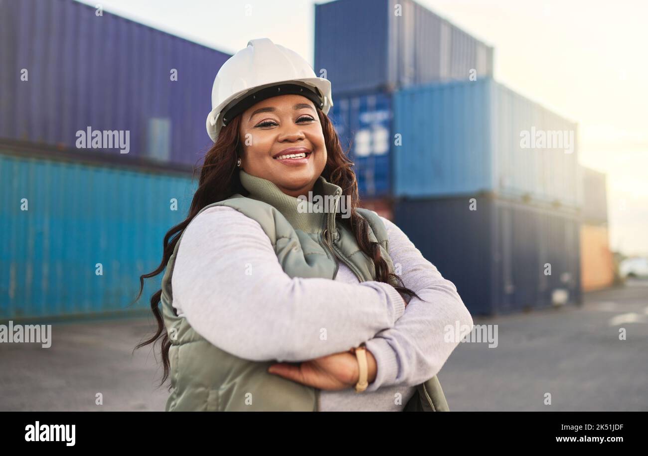 Black woman, smile and work in logistics with container stack at ...