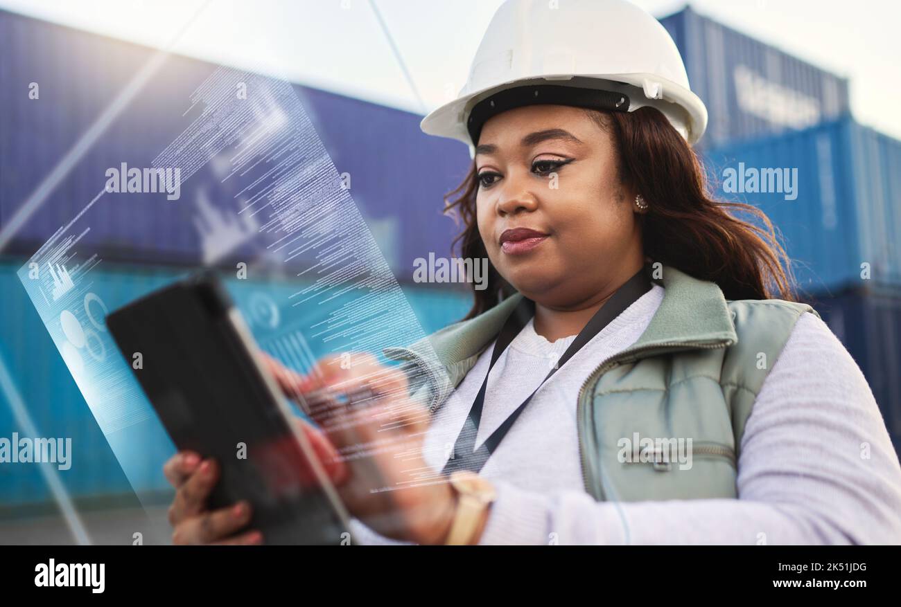 Supply chain, tablet and futuristic with a black woman logistics worker ...