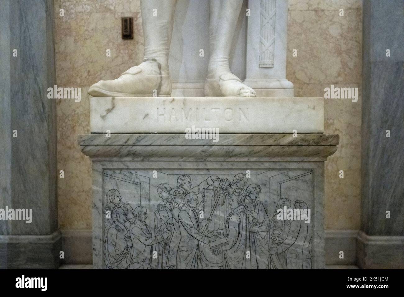 Name at the base of the statue of Alexander Hamilton of New York in the ...