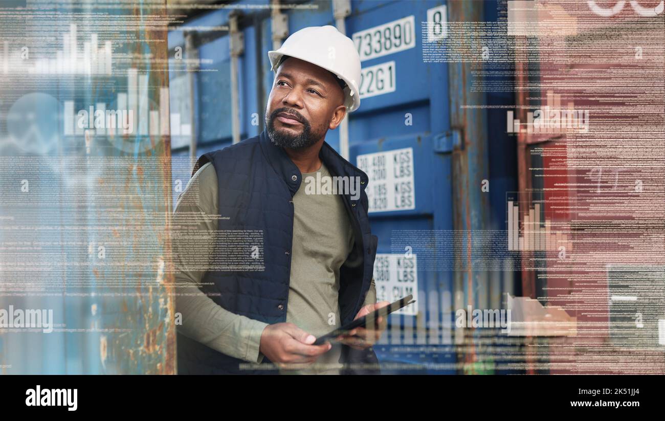 Logistics, communication and black man with digital tablet while ...