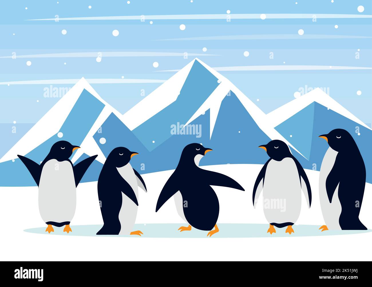 Beautiful panorama with natural arctic glacier and with group penguin ...