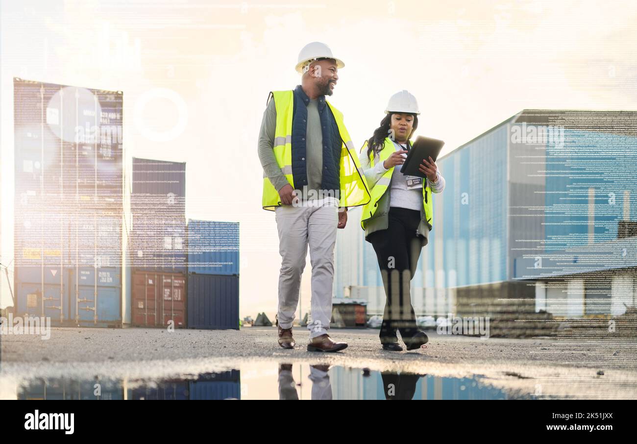 Supply chain, logistics and team with digital tablet planning delivery ...