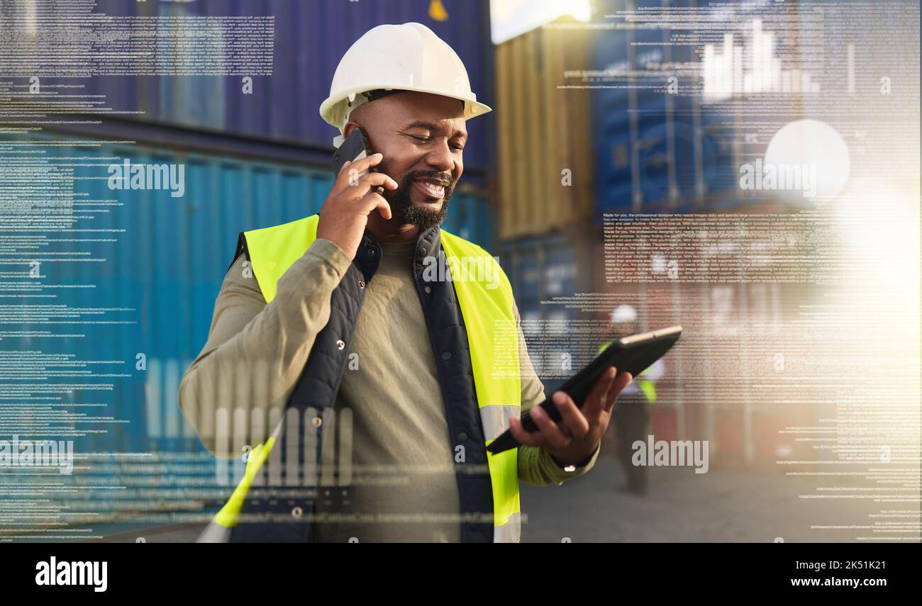 Logistics, supply chain and tablet with a man on call for online order ...