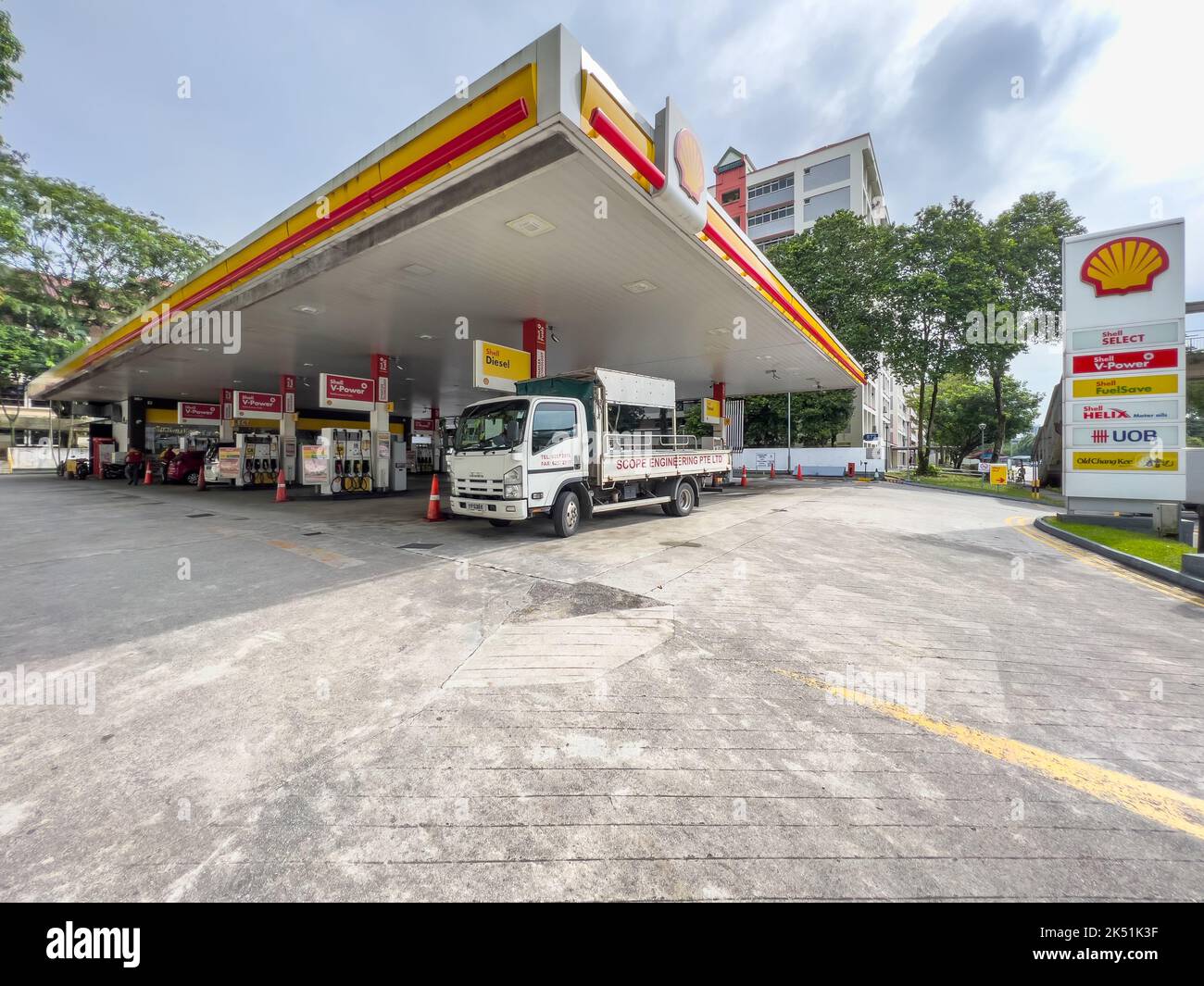 Lorry vehicle at the Shell petrol station facility pump diesel, full ...