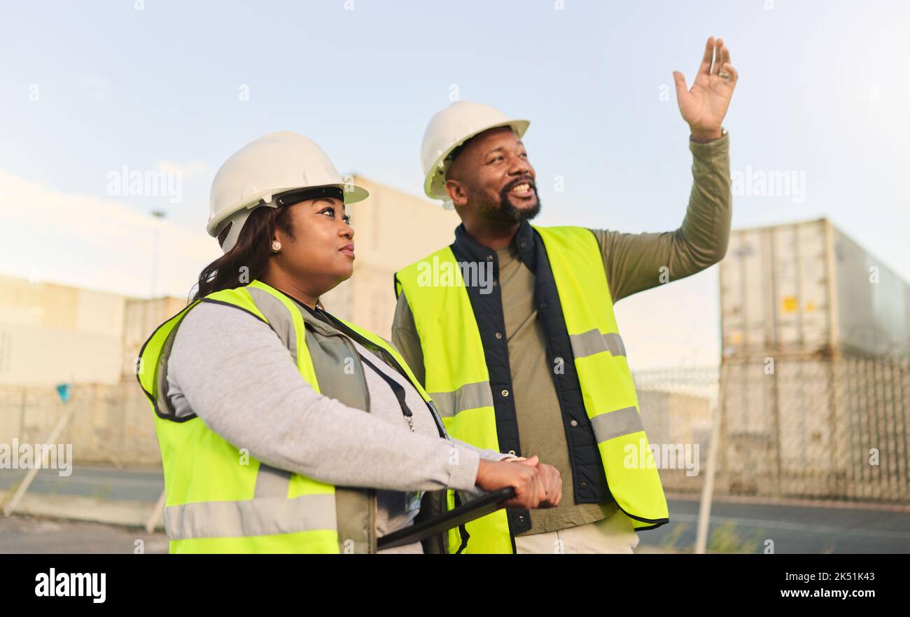 Logistics, tablet and black team at cargo, container or industrial ...