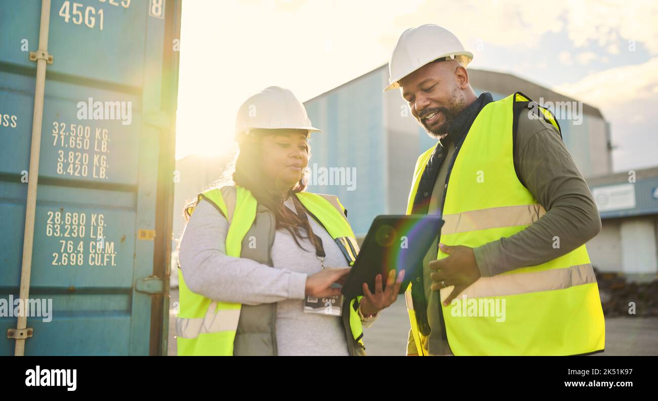 Ecommerce, supply chain and tablet with a man and woman working as a ...