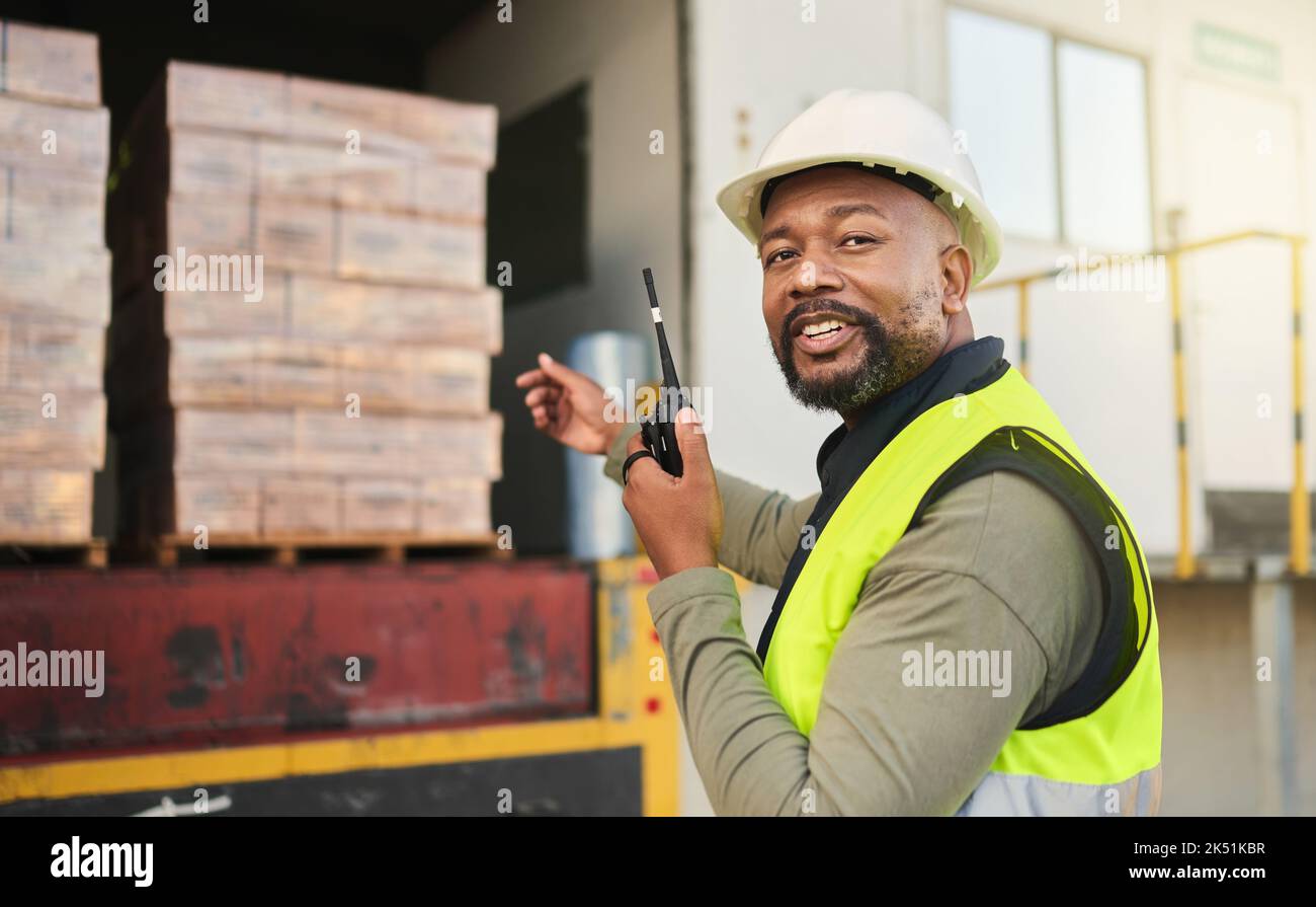 Black man, walkie talkie and logistics shipping, storage or supply ...