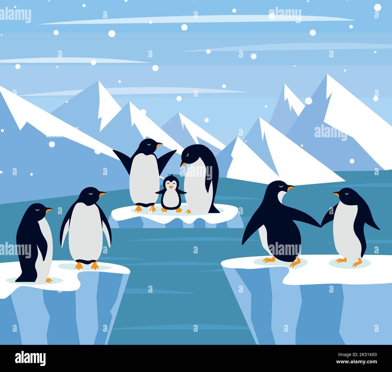 Beautiful panorama with natural arctic glacier and with group penguin ...