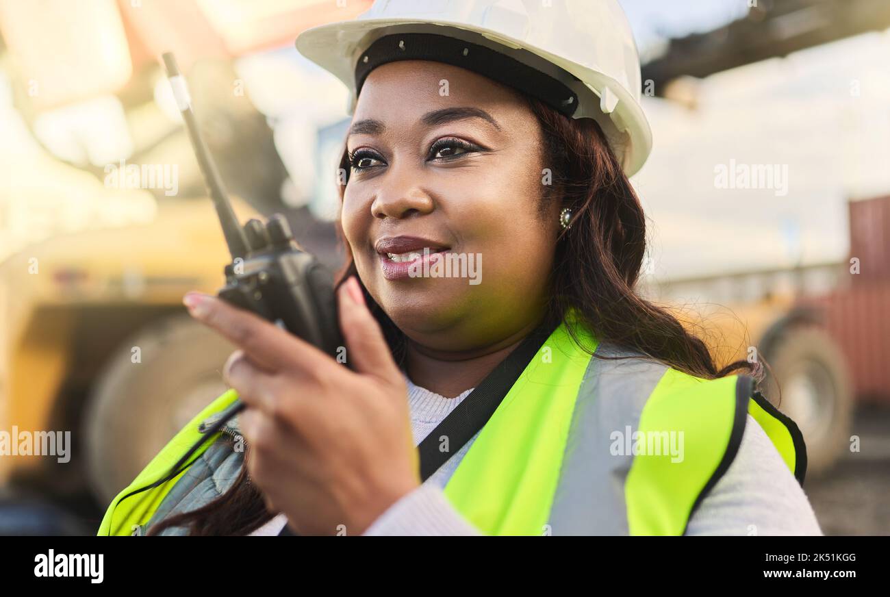 Engineer Black Woman And Walkie Talkie For Control Management And