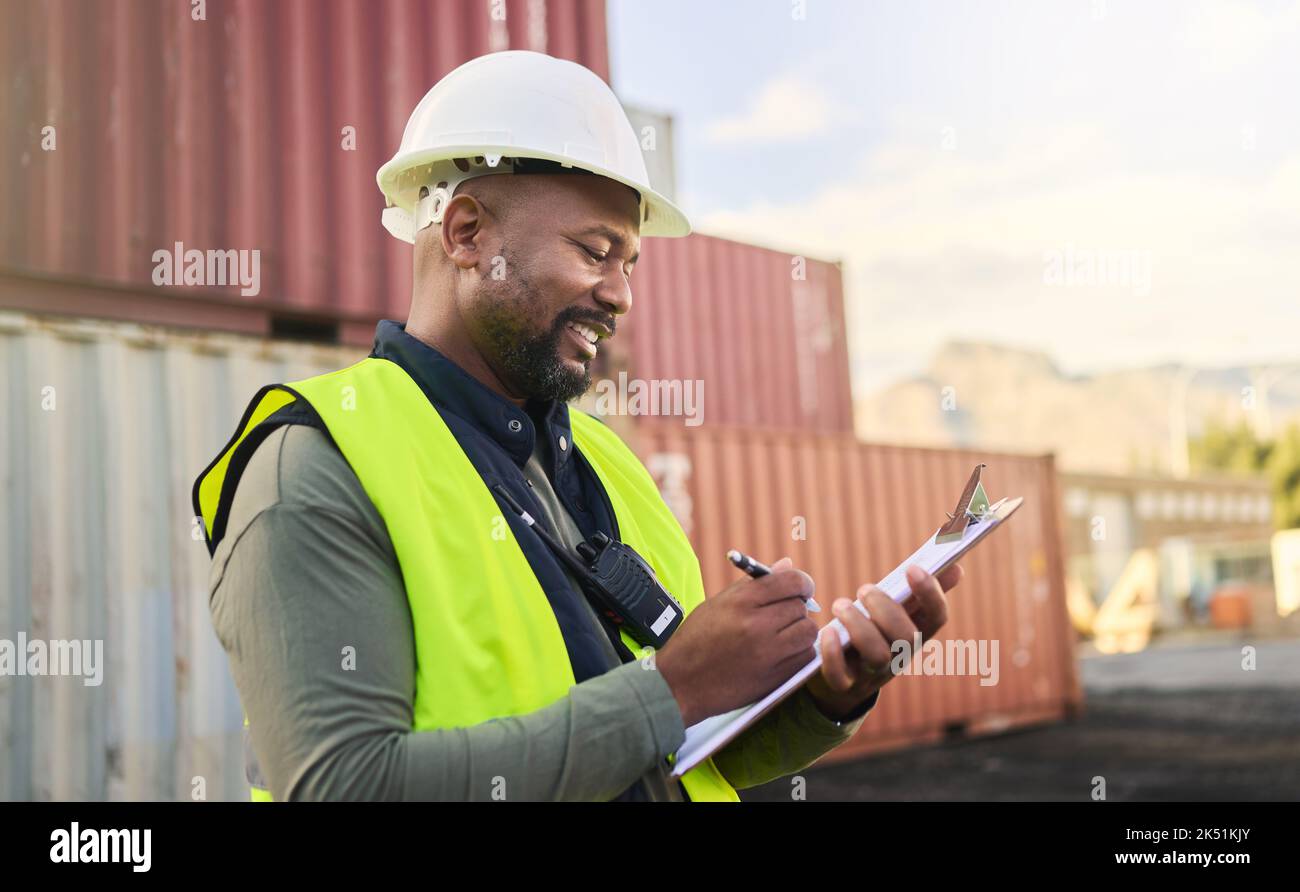 Logistics, inspection, shipping and black man writing notes working at ...