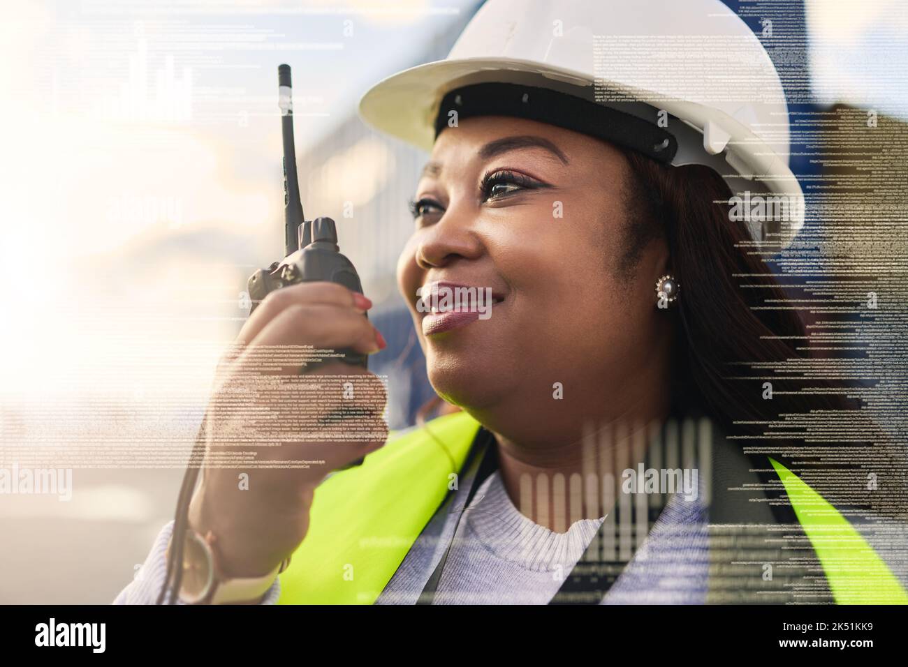 Logistics, cargo and double exposure of manager with walkie talkie ...