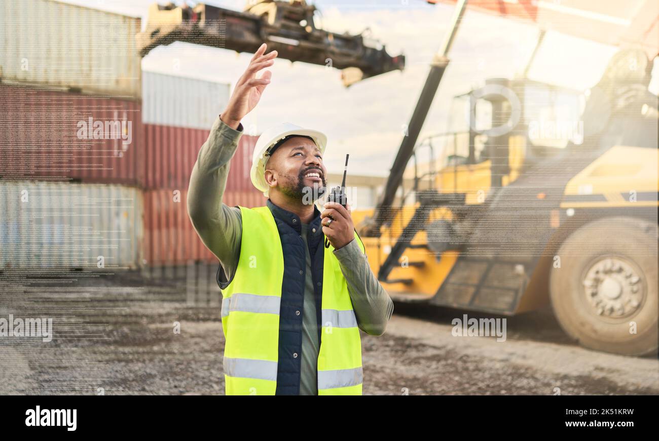 Communication, logistics and black man talking on radio working on ...