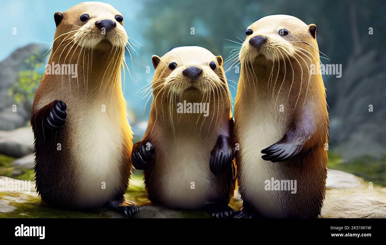 A 3D rendering of cute otters on the blurry background Stock Photo - Alamy