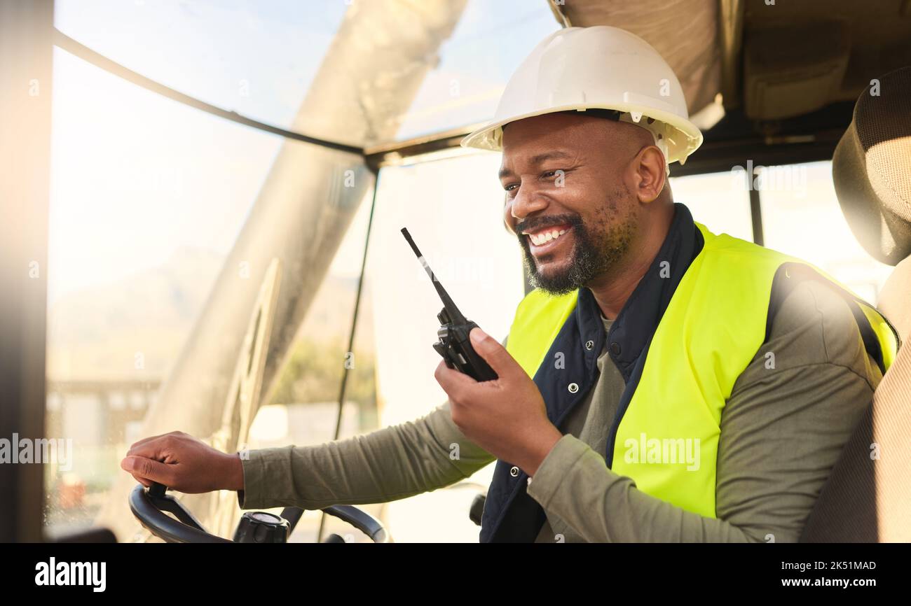 Forklift driver and black man talking on radio for professional cargo ...