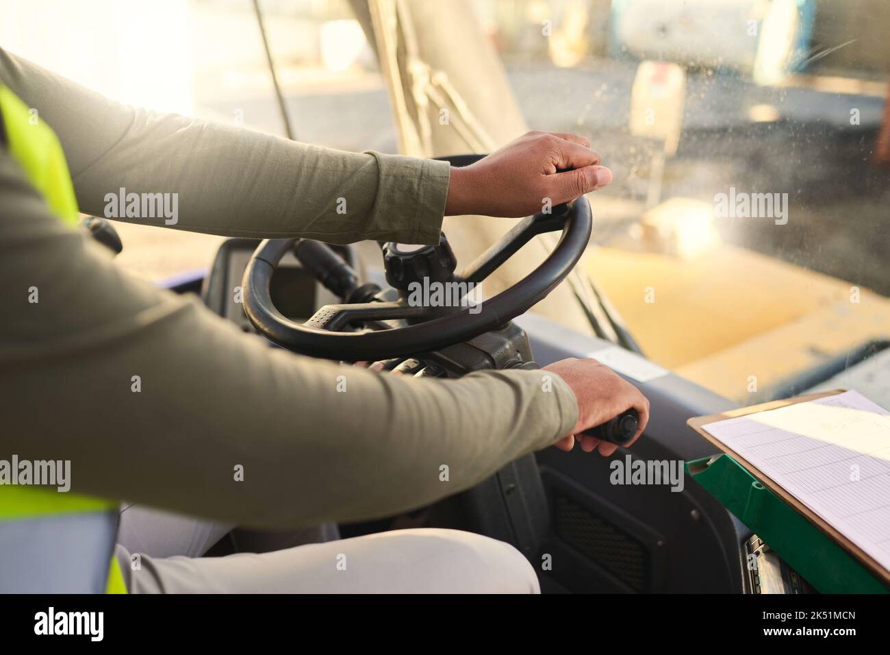 Truck driver man, steering wheel and delivery van cargo, shipping ...