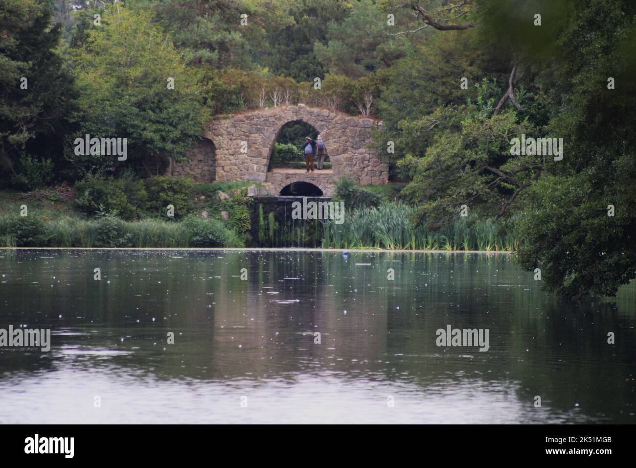 The beautiful view of the smooth lake with green vegetation and a stone ...