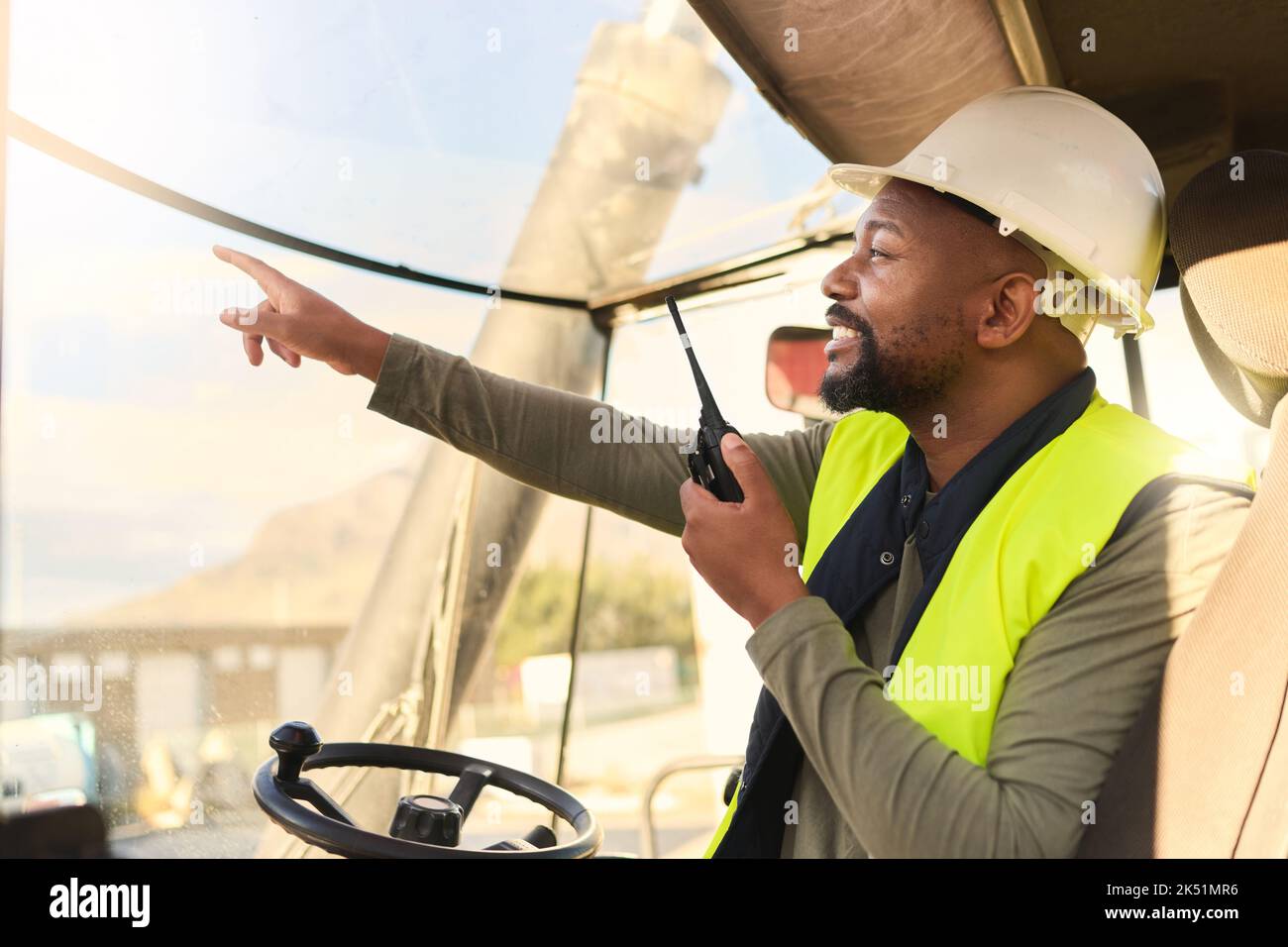 Logistics, radio communication and delivery truck driver or forklift ...