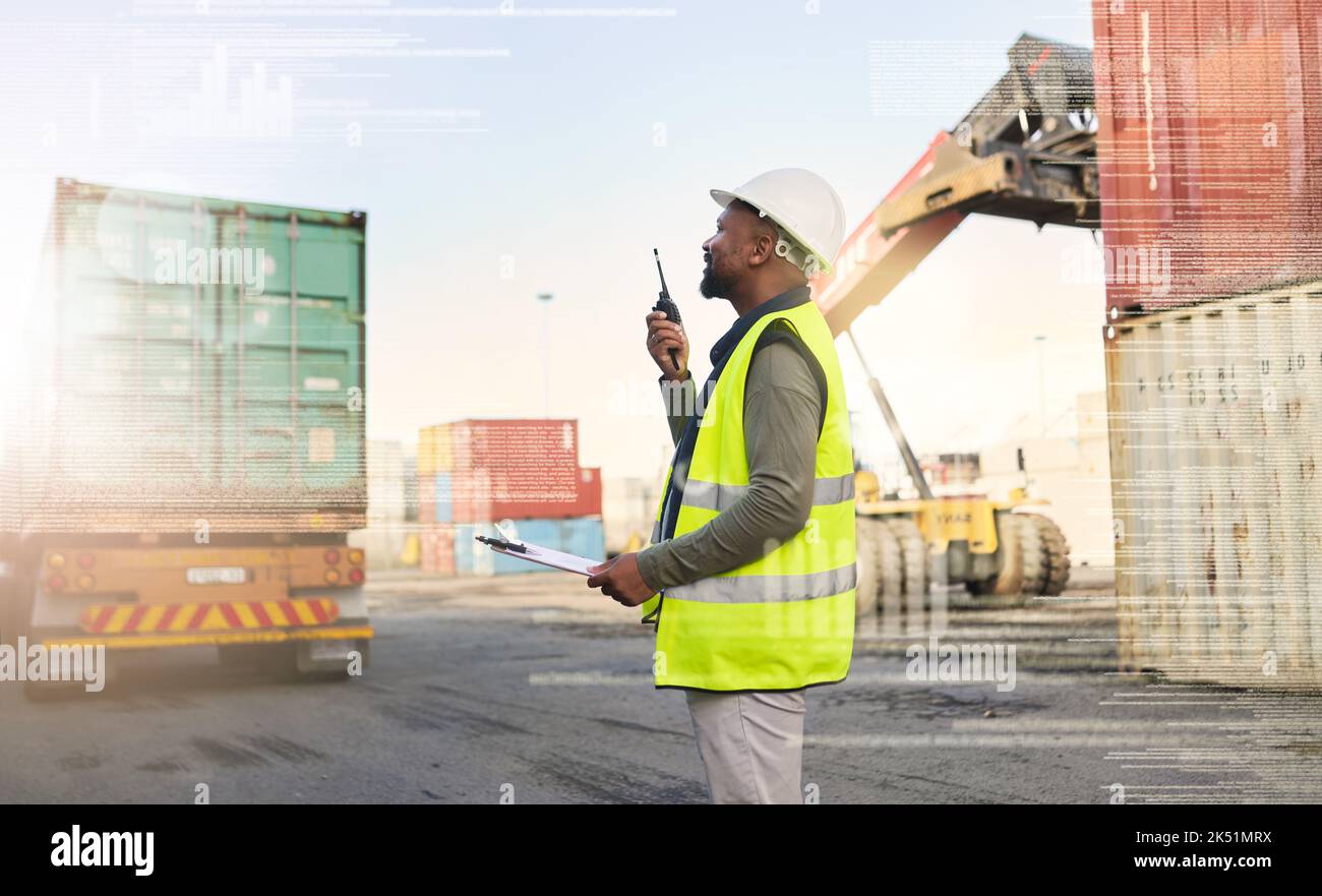 Delivery, logistics and manager in communication with walkie talkie ...