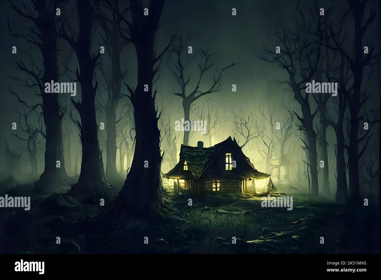 Haunted Log cabin concept art in dark forbidden woods Stock Photo - Alamy