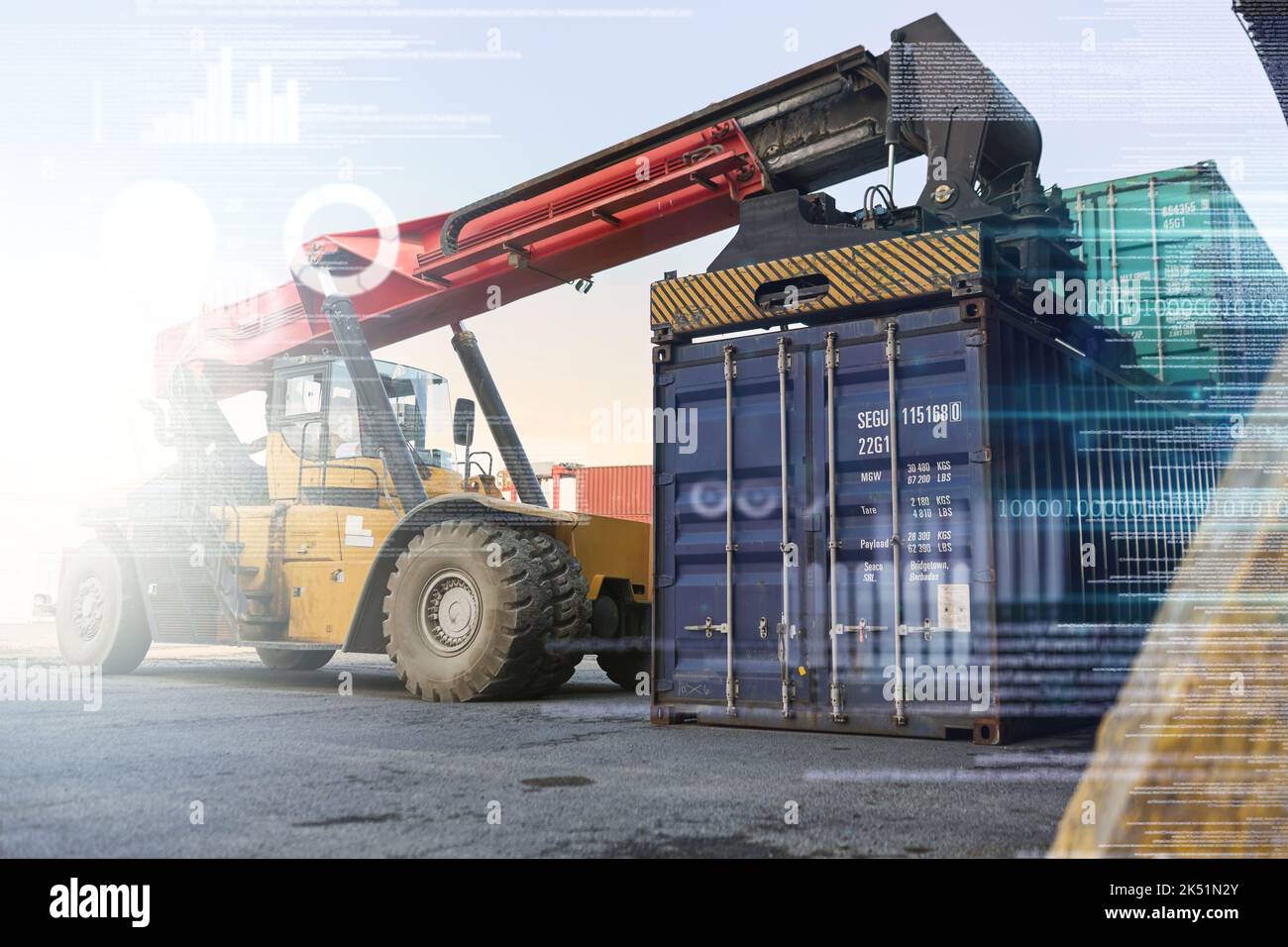 Shipping, supply chain and logistics with a container crane in a yard ...