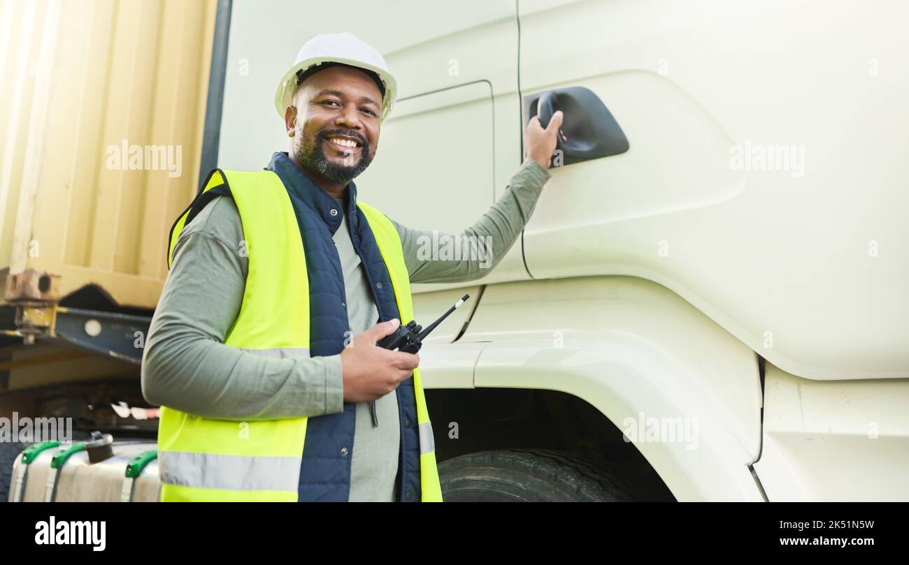 Truck driver, black man and export logistics manager working in ...