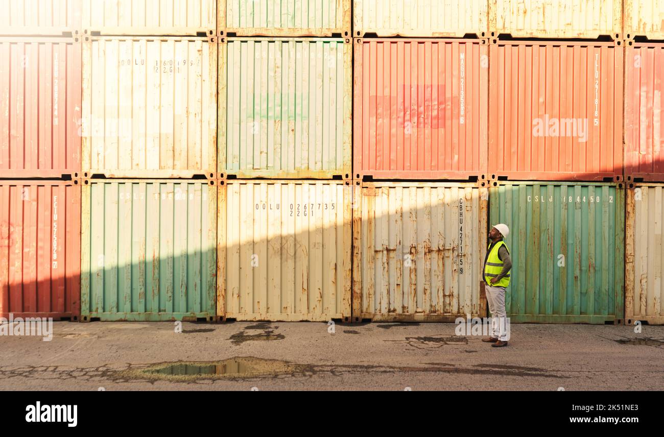 Logistics container, delivery and black man doing inspection of cargo ...