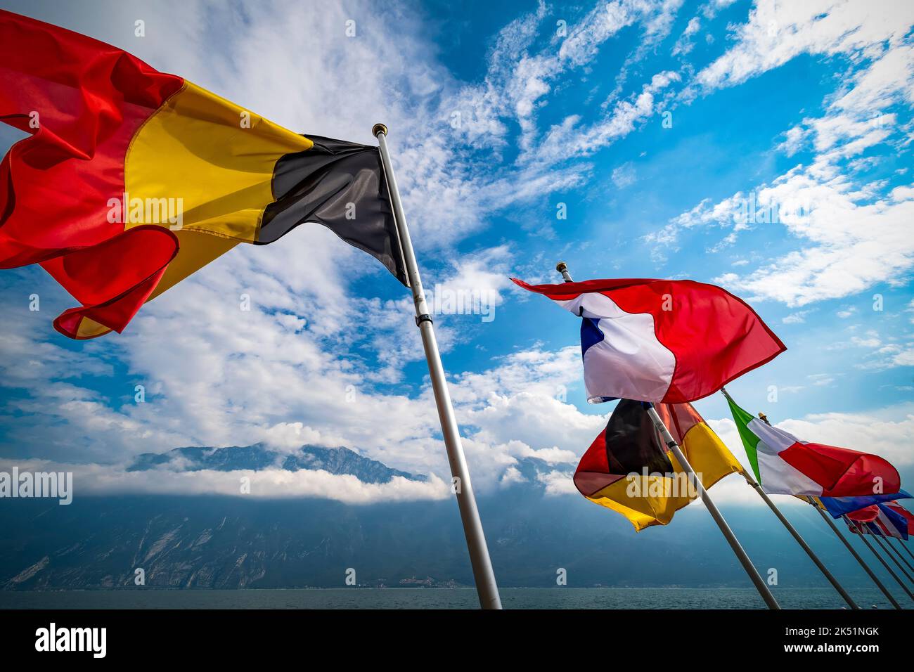 European nations flags flying over lake in Italy Stock Photo - Alamy