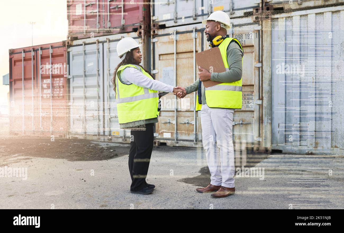 Logistics handshake, futuristic ecommerce and team doing b2b business ...