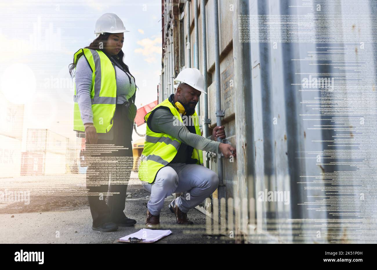 Logistics, black man and woman inspection shipping cargo and containers ...